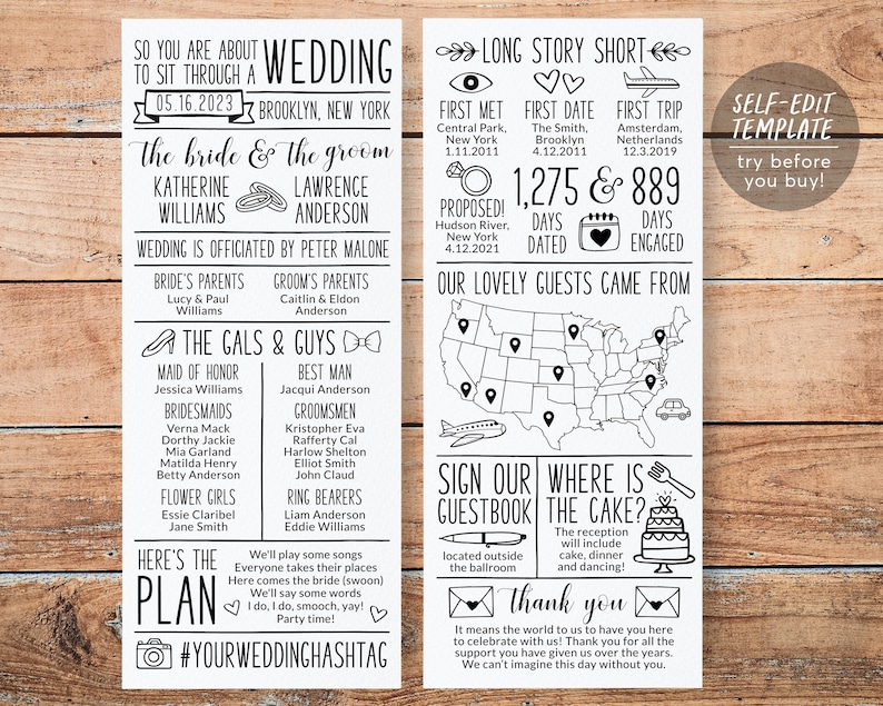 Infographic Wedding Program Editable Template Black and White - Etsy