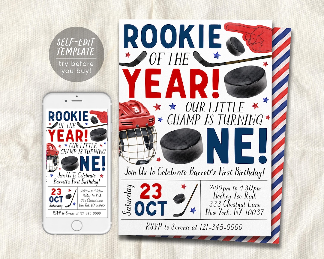 Ice Hockey First Birthday Invitation Editable Template, Boy Rookie of ...