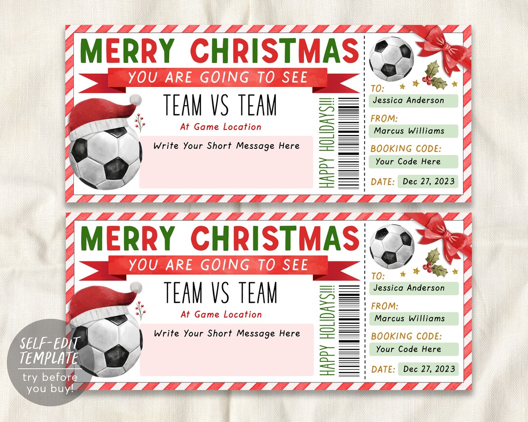Soccer Game Christmas Gift Ticket Editable Template, Christmas Surprise ...