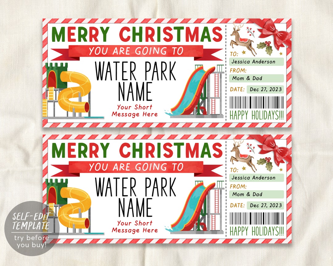 Surprise Water Park Ticket Editable Template, Christmas Holiday ...