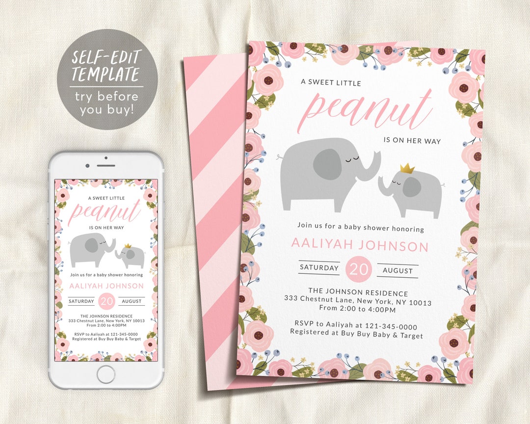 Editable Floral Elephant Baby Shower Invitation Template, Blush Pink ...