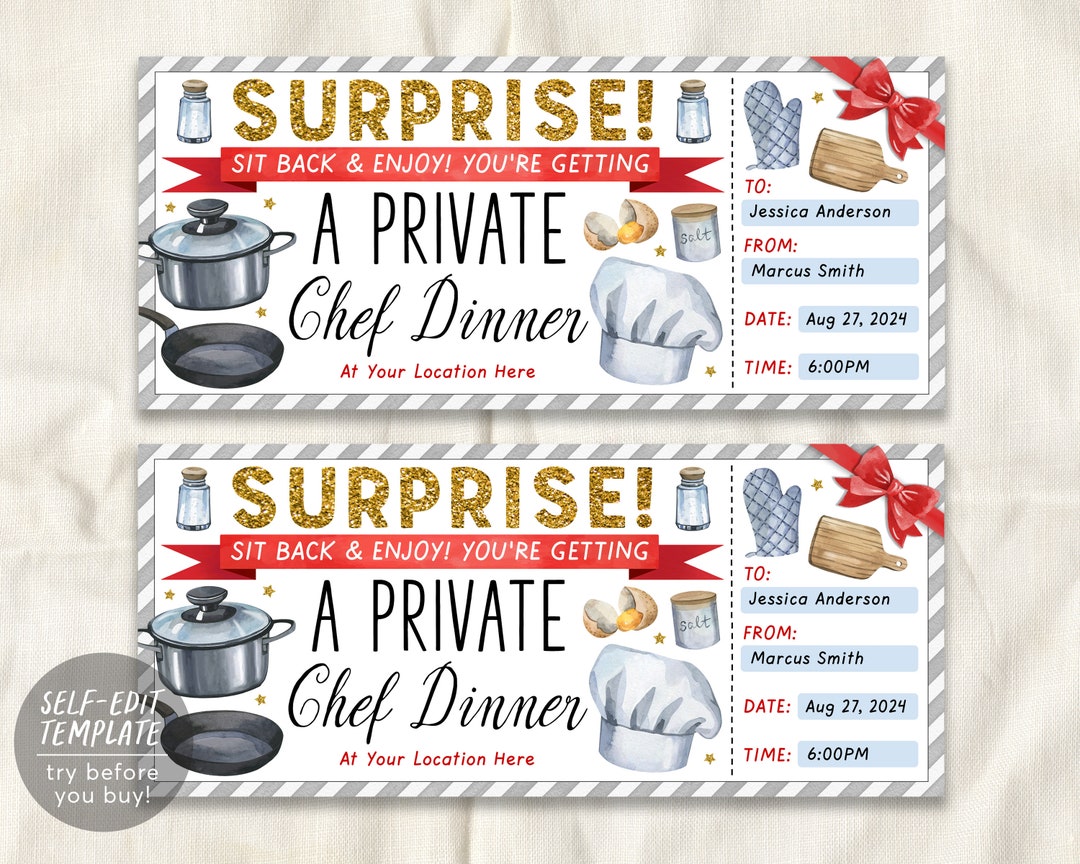 Private Chef Dinner Gift Voucher Editable Template, Surprise Personal ...