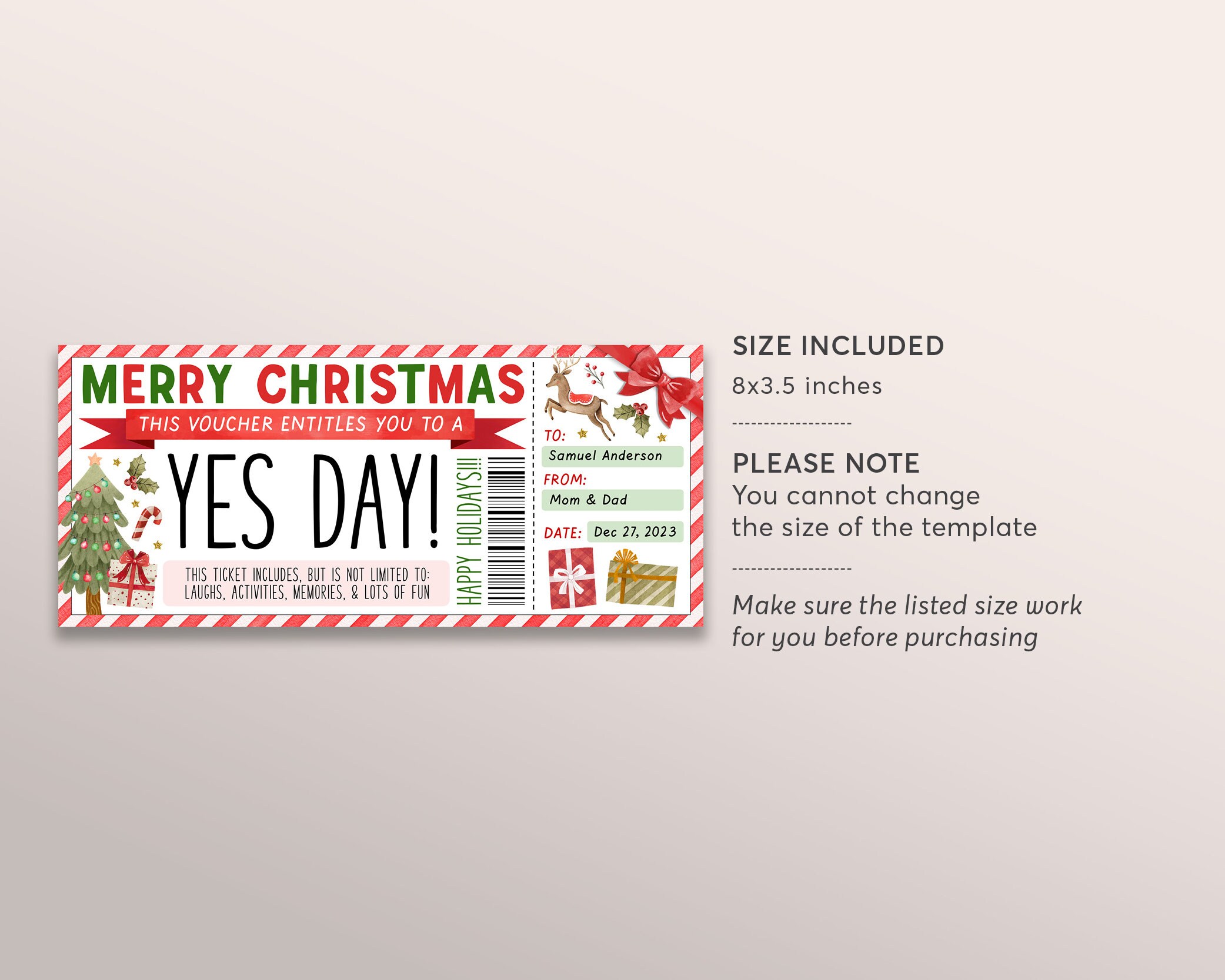 Christmas Yes Day Ticket Editable Template, Surprise Best Day Ever Gift ...