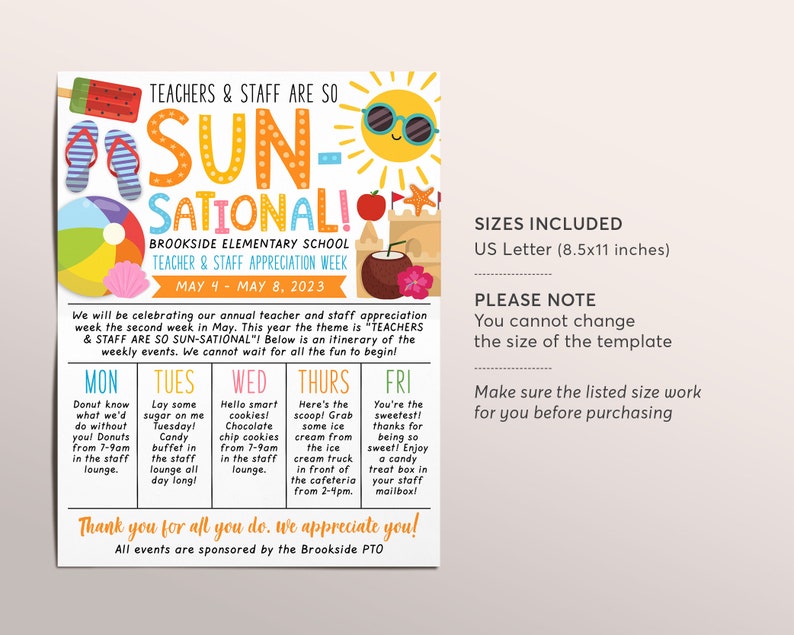 Beach Theme Teacher Staff Appreciation Week Itinerary Flyer Editable ...