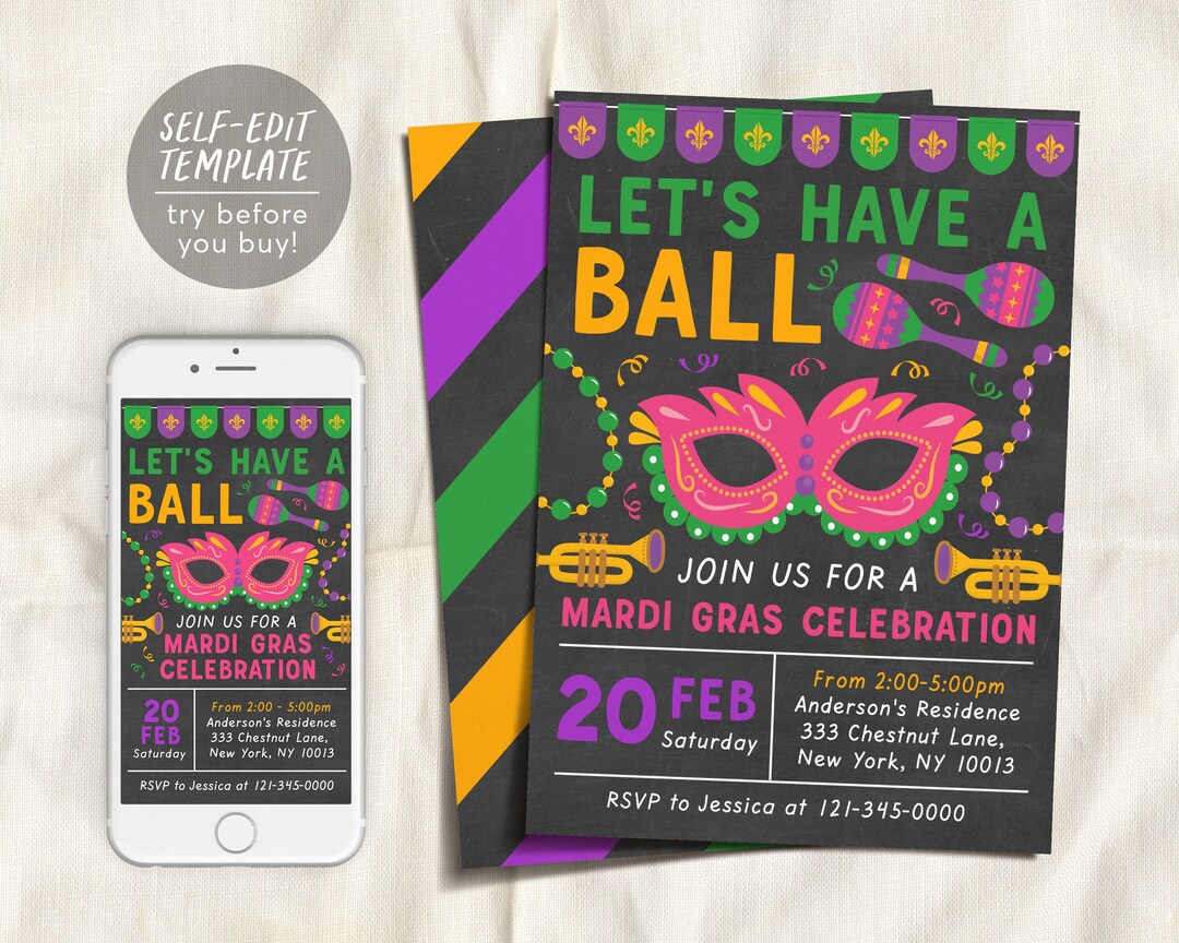 Mardi Gras Invitation Editable Template, Lets Have A Ball Invite, Fat ...