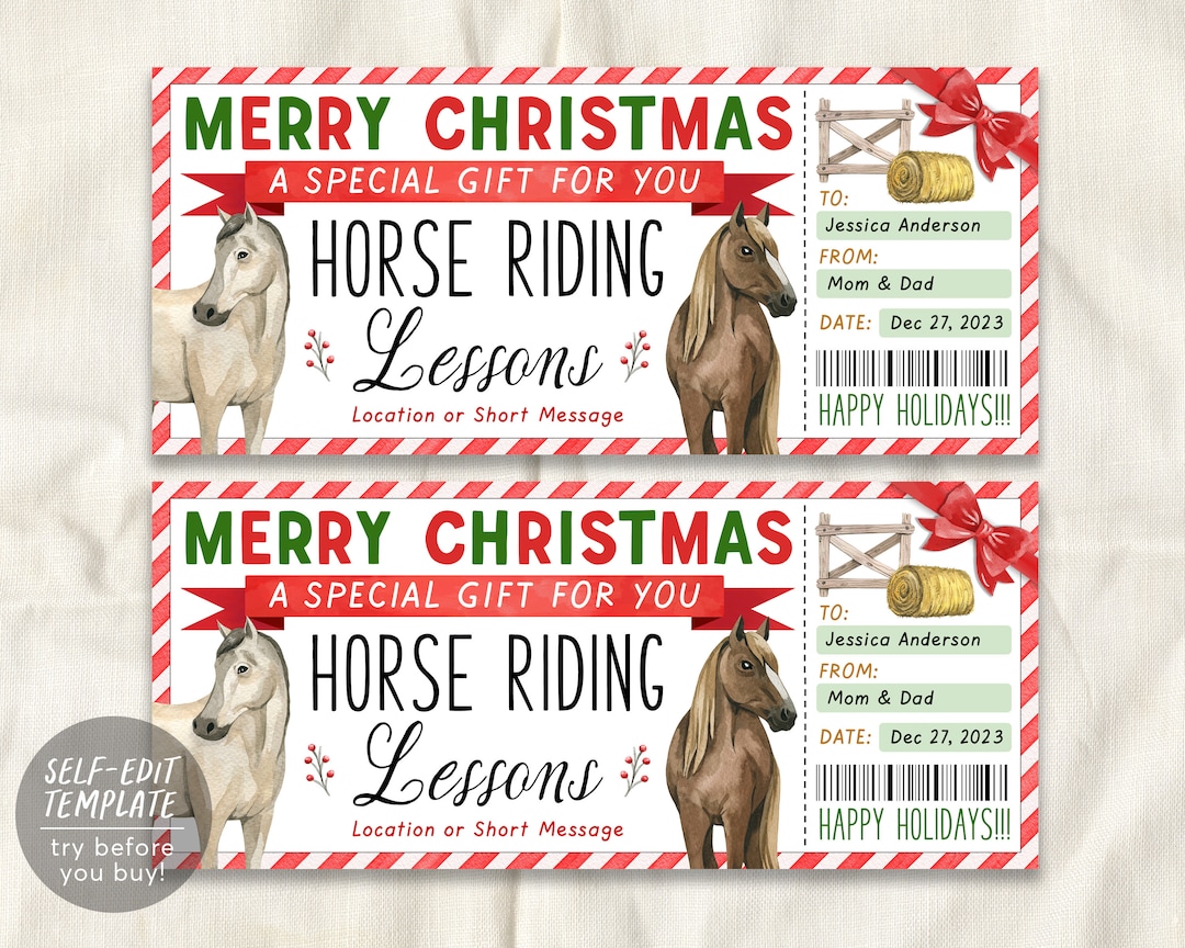Horse Riding Lessons Christmas Gift Voucher Editable Template, Surprise ...