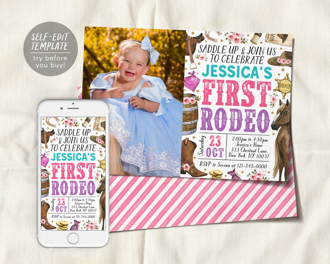 First Rodeo Birthday Invitation With Photo Editable Template, Cowgirl ...