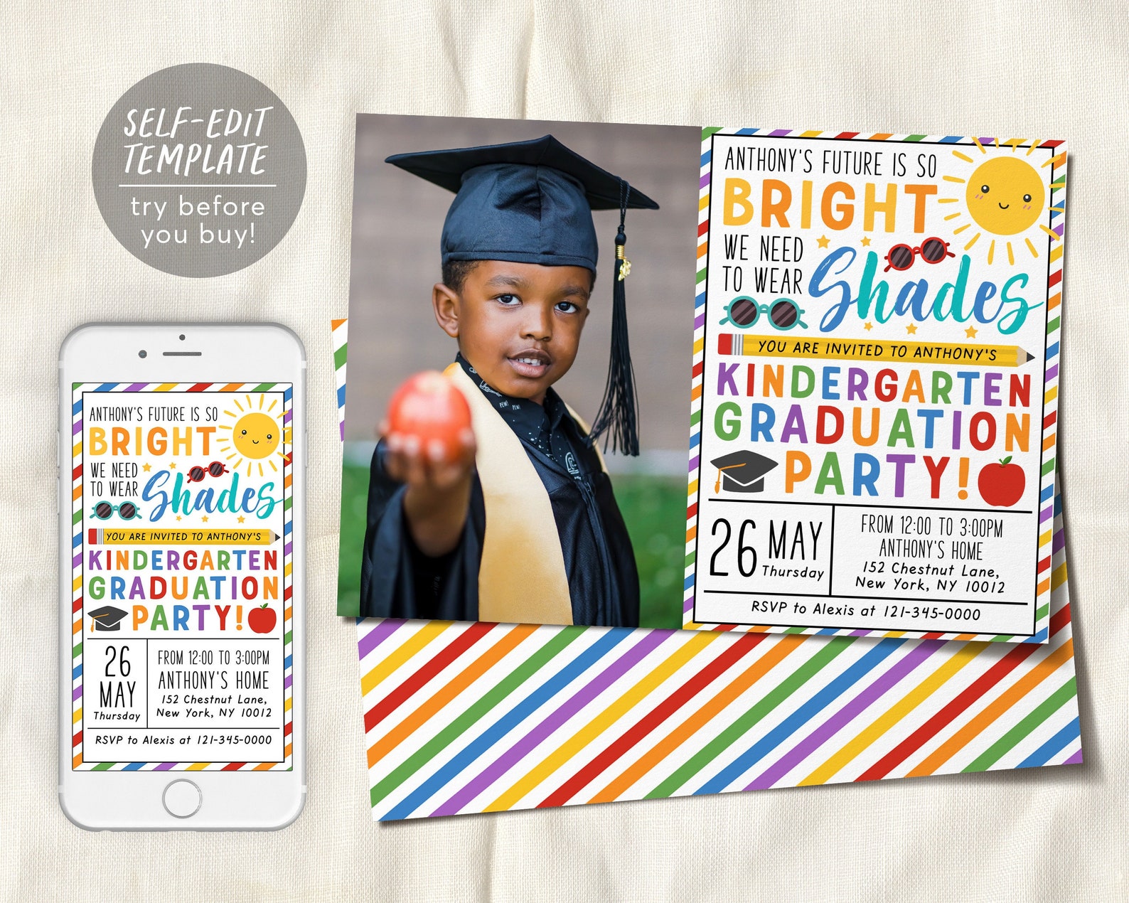 Kindergarten Graduation Party Invitation With Photo Editable Template ...
