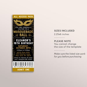 Masquerade Sweet 16 Birthday Invitation Ticket Editable Template, Sweet ...