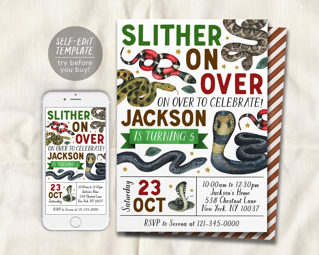 Snake Birthday Invitation Editable Template, Boy Slither on Over ...