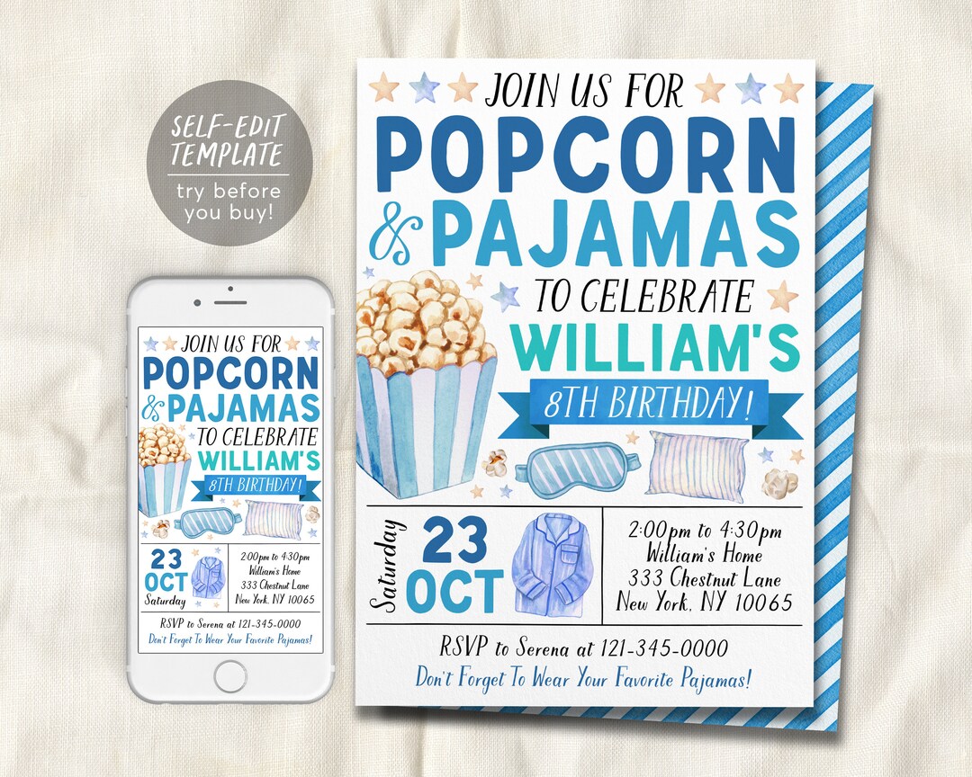 Popcorn and Pajamas Birthday Invitation Editable Template, Boy Tween ...