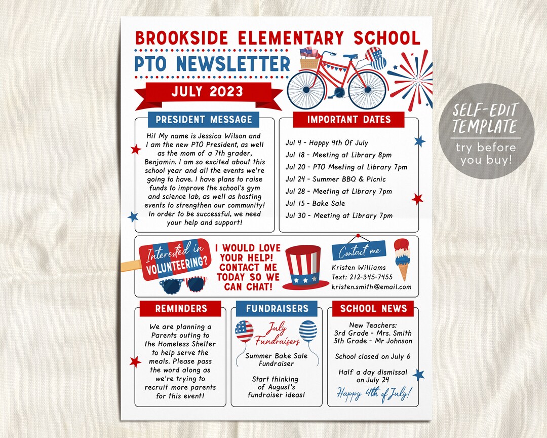 July PTO PTA Newsletter Flyer Editable Template, Summer 4th of July ...