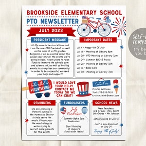 July PTO PTA Newsletter Flyer Editable Template, Summer 4th of July ...