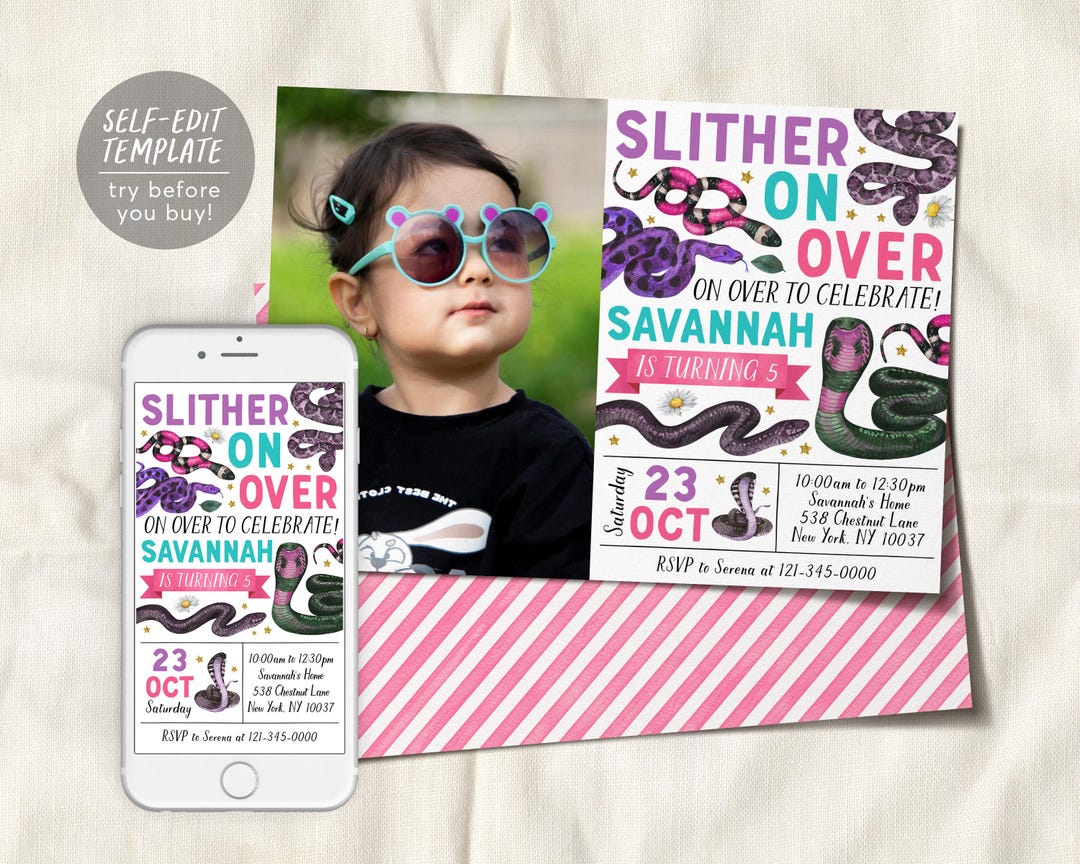 Snake Birthday Invitation With Photo Editable Template, Girl Slither on ...