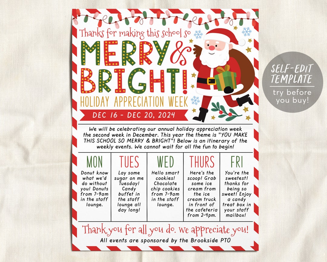 Holiday Theme Teacher Staff Appreciation Week Itinerary Flyer Editable ...