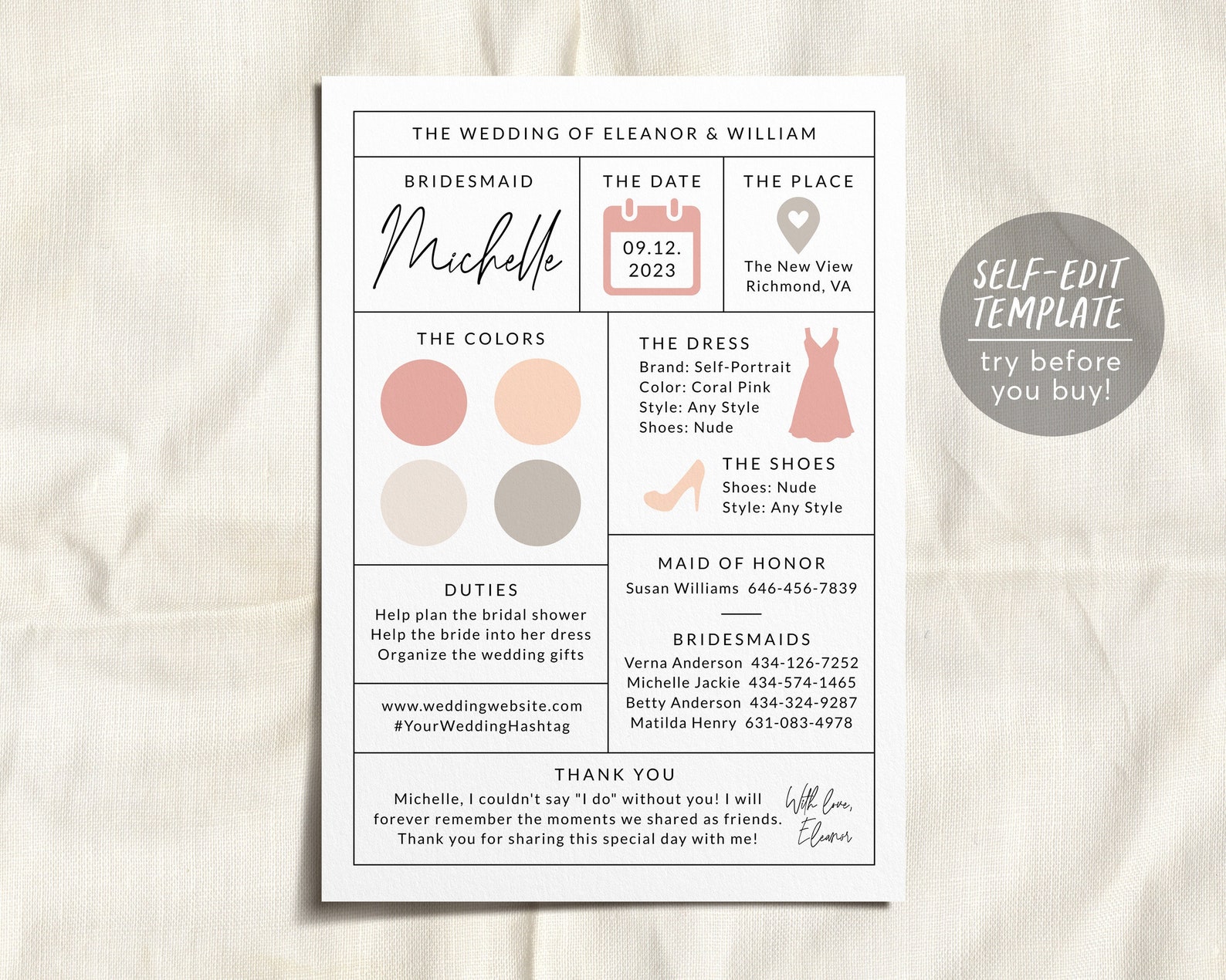 Bridesmaid Info Card Editable Template Bridal Party Info - Etsy