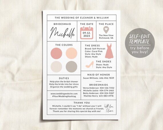 Bridesmaid Info Card Editable Template Bridal Party Info - Etsy