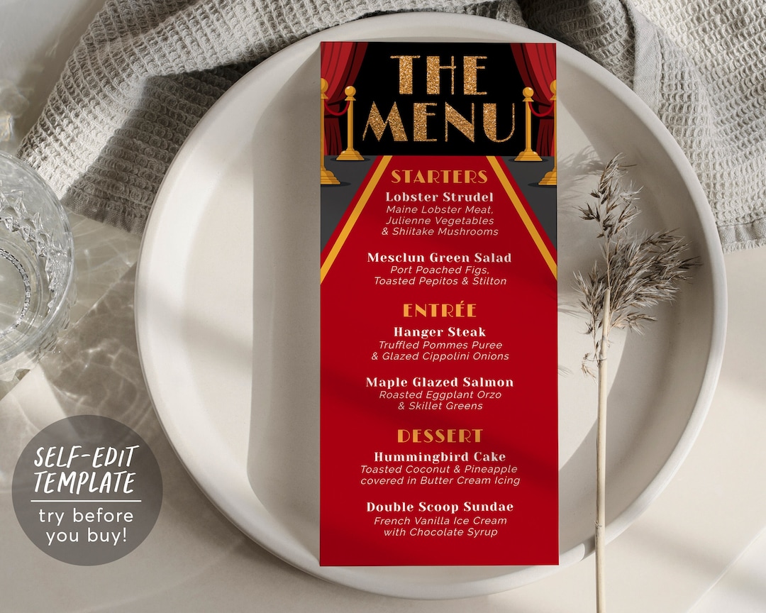 Red Carpet Dinner Menu Editable Template, Hollywood VIP Pass Sweet ...