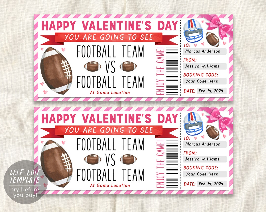 Valentine's Day Football Game Gift Ticket Editable Template, Valentine ...