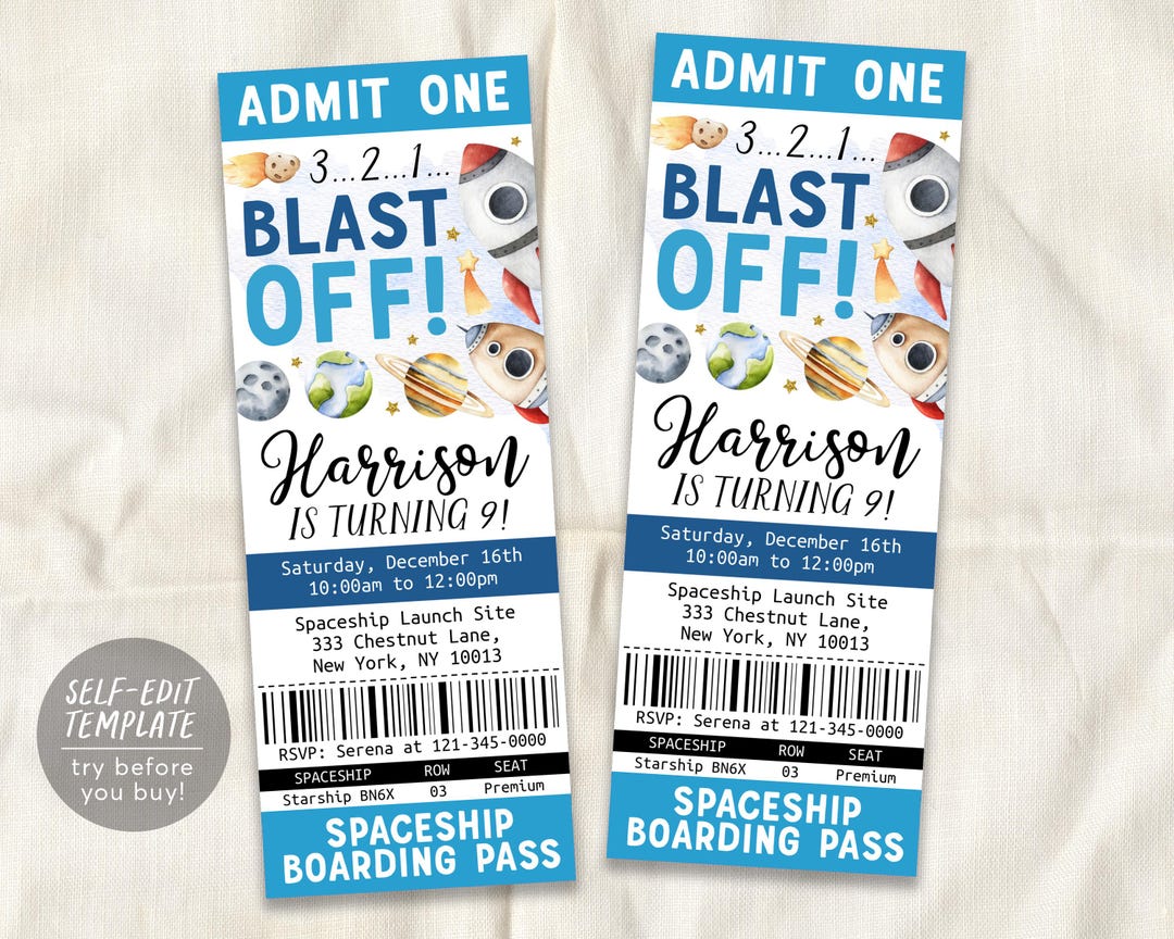 Rocket Ship Birthday Ticket Invitation Editable Template, Spaceship ...