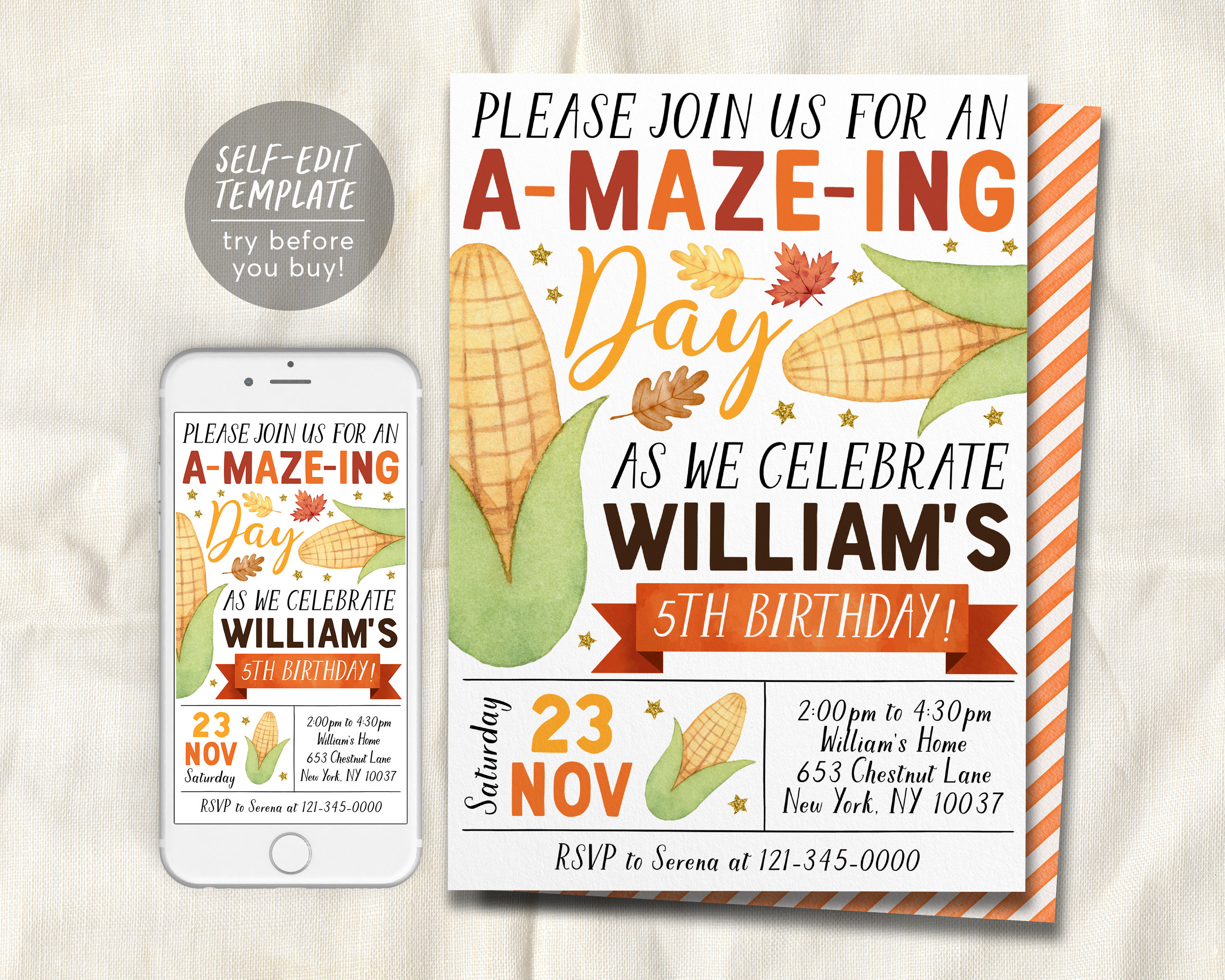 Corn Maze Birthday Invitation Editable Template, Kids Corn Field Autumn ...