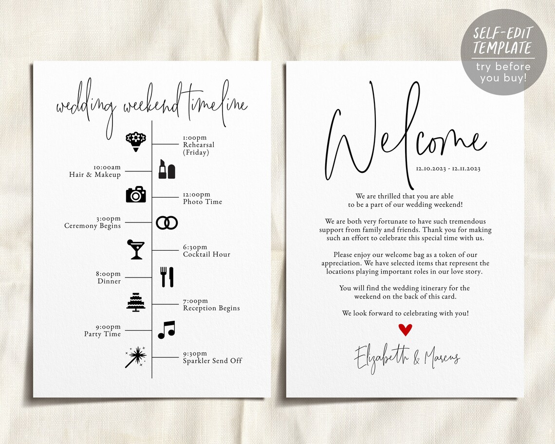 Editable Wedding Schedule Template Printable Wedding Weekend - Etsy