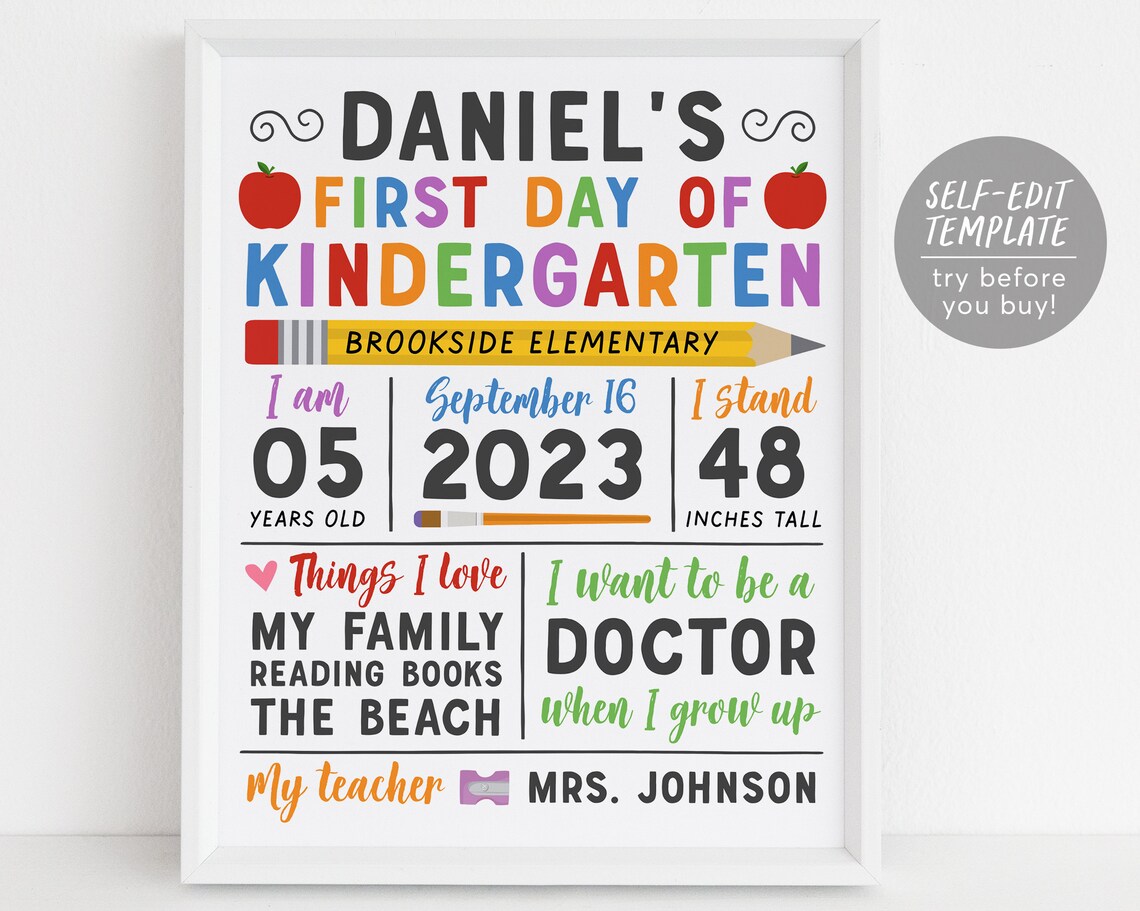 First or Last Day of Kindergarten Sign Editable Template Back - Etsy