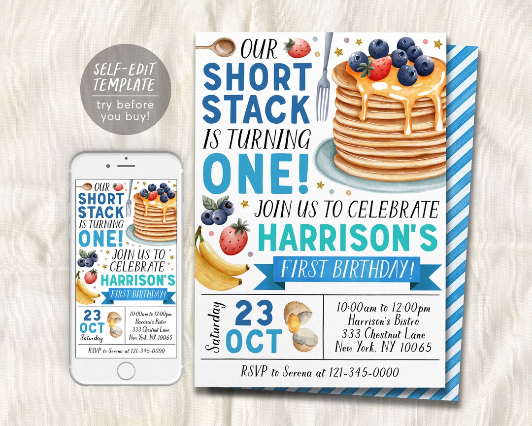 Pancakes Breakfast Birthday Invitation Editable Template, Boy ...