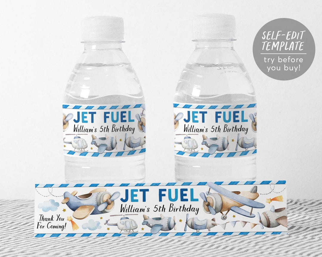 Airplane Party Water Bottle Labels Editable Template, Boy Plane Jet ...