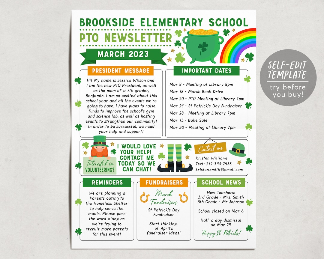 March PTO PTA Newsletter Flyer Editable Template, St. Patricks Day ...