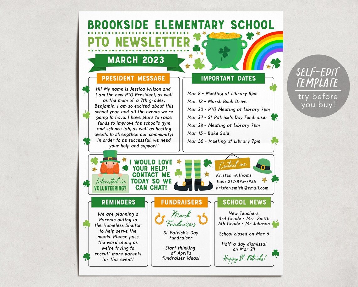 March PTO PTA Newsletter Flyer Editable Template, St. Patricks Day ...
