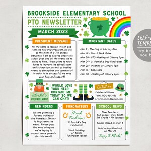 March PTO PTA Newsletter Flyer Editable Template, St. Patricks Day ...