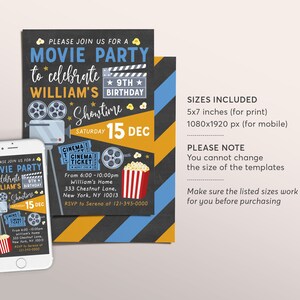 Movie Night BOY Birthday Invitation Editable Template, Cinema Hollywood ...