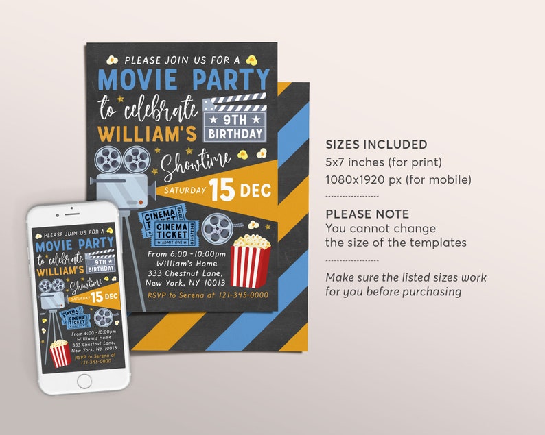 Movie Night BOY Birthday Invitation Editable Template Cinema - Etsy
