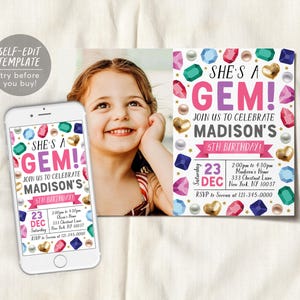 Gems Birthday Invitation With Photo Editable Template, She's A Gem ...