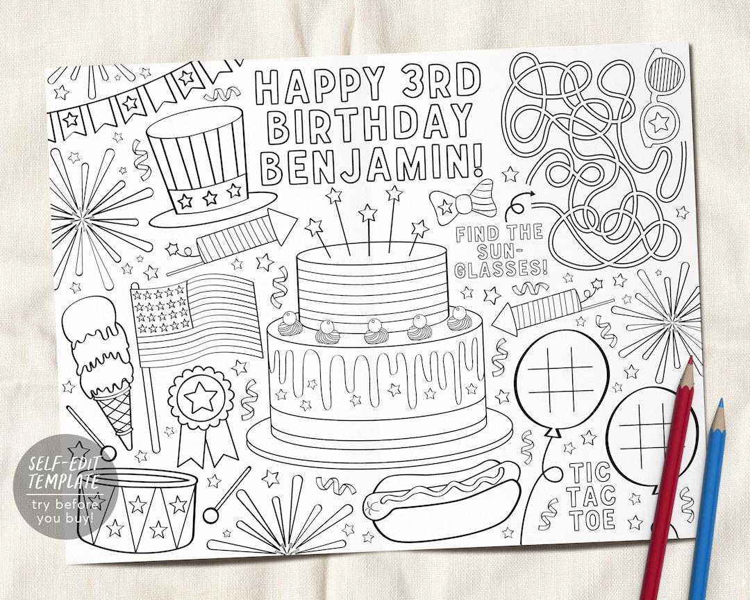 4th of July Coloring Placemat for Kids Birthday Editable Template ...