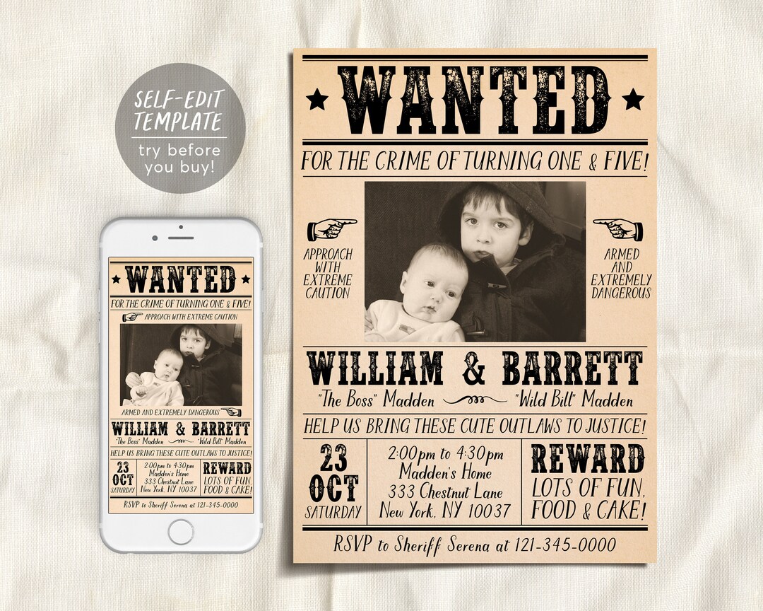Wanted Poster Joint Siblings Invitation With Photo Editable Template ...