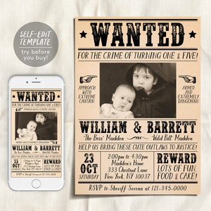 Wanted Poster Joint Siblings Invitation With Photo Editable Template ...