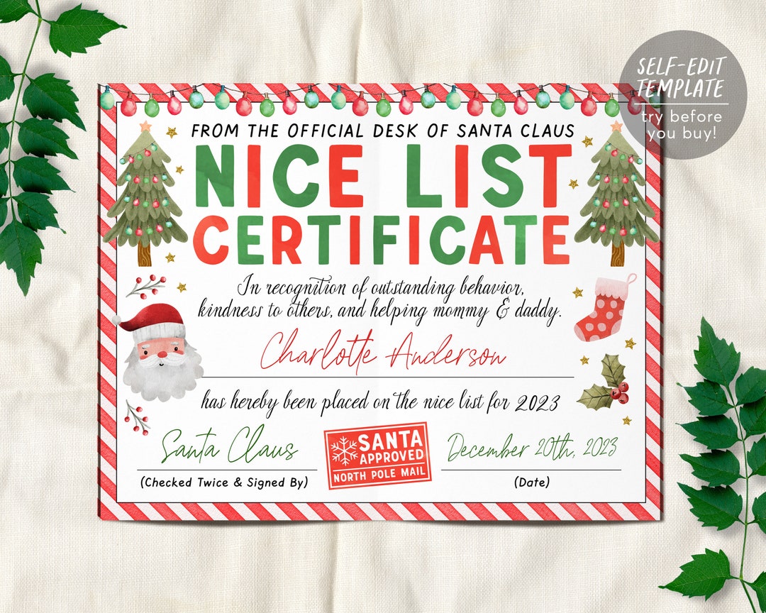 Santas Nice List Certificate Editable Template, Approved Letter From ...