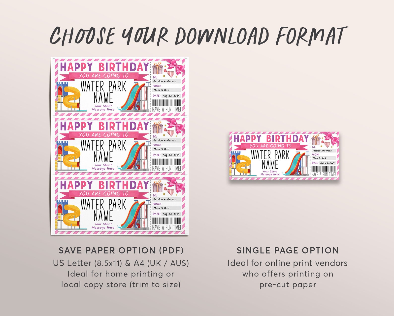 Water Park Ticket Editable Template, Birthday Surprise Waterpark Visit ...