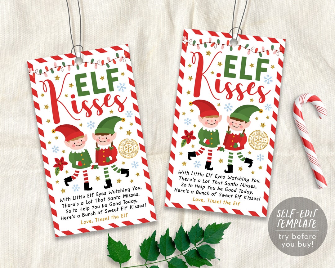 Elf Kisses Tags Editable Template, Christmas Elf Kisses Labels ...
