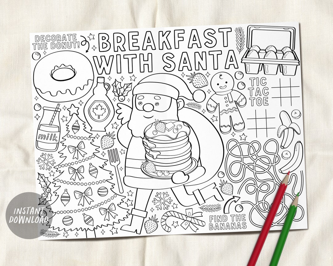 Breakfast With Santa Coloring Page Placemat for Kids, Donuts Pancakes ...