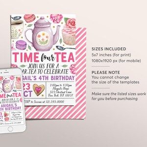 Time Four Tea 4th Birthday Invitation Editable Template, Kids Let's Par ...