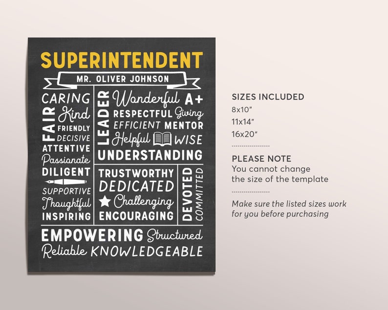 Editable Superintendent Chalkboard Gift Print Template, Custom ...