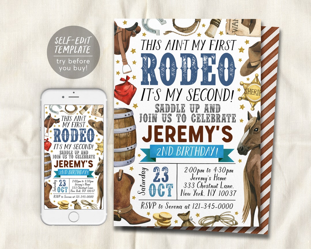 Second Rodeo Birthday Invitation Editable Template, Cowboy Saddle up ...