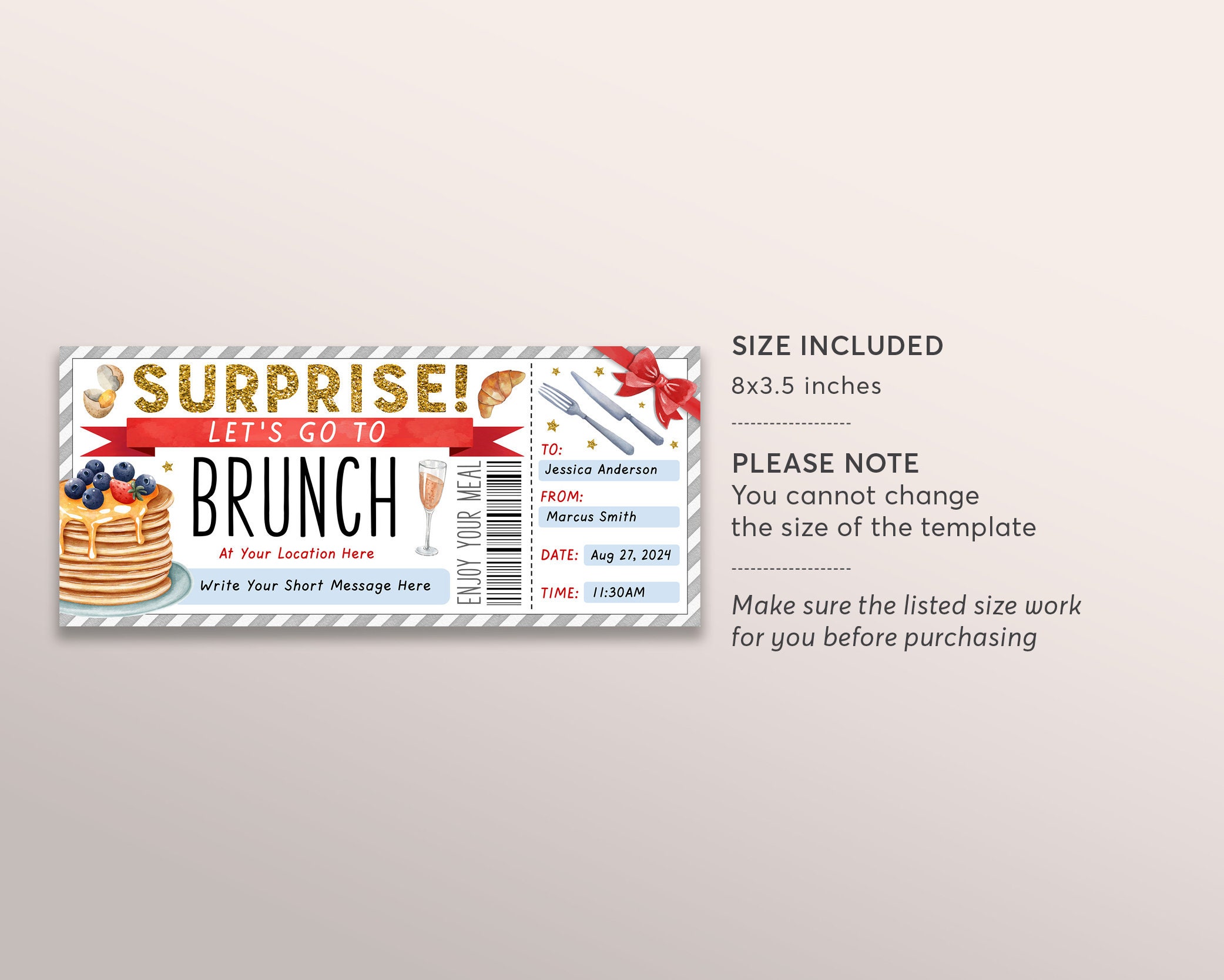 Brunch Coupon Ticket Editable Template, Surprise Lunch Luncheon Gift ...