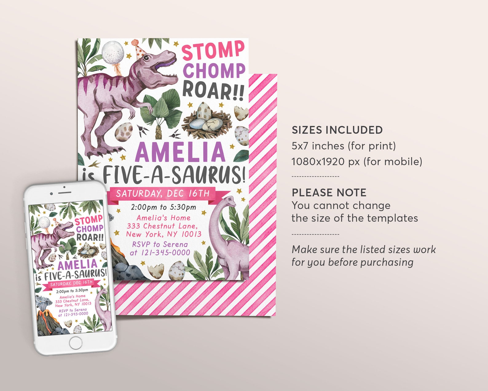 Five-a-saurus Dinosaur Birthday Invitation Editable Template, T-rex ...