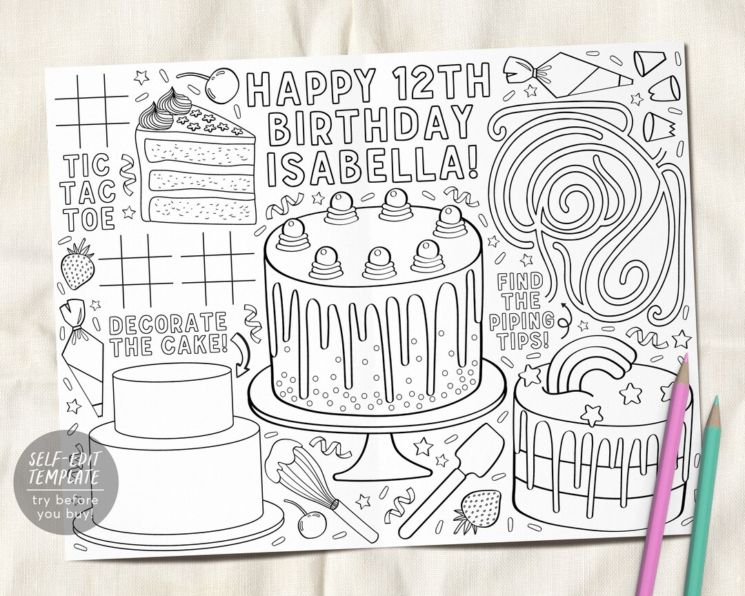 Cake Decorating Birthday Party Coloring Placemat for Kids Tween Teens ...
