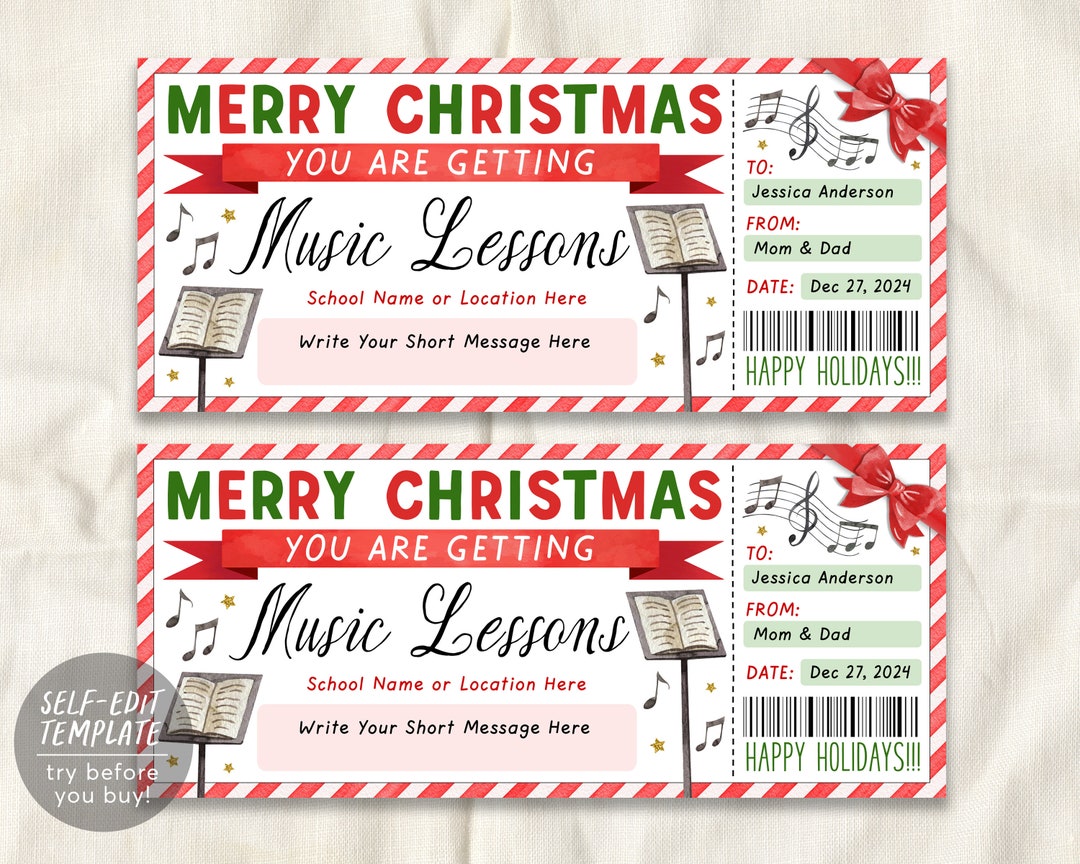Music Lessons Christmas Gift Certificate Editable Template, Surprise ...