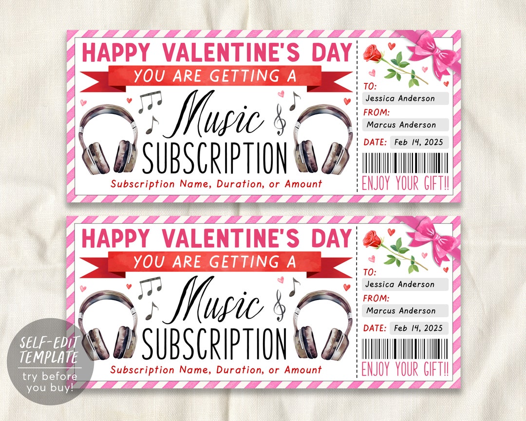 Valentines Day Music Subscription Gift Card Editable Template ...